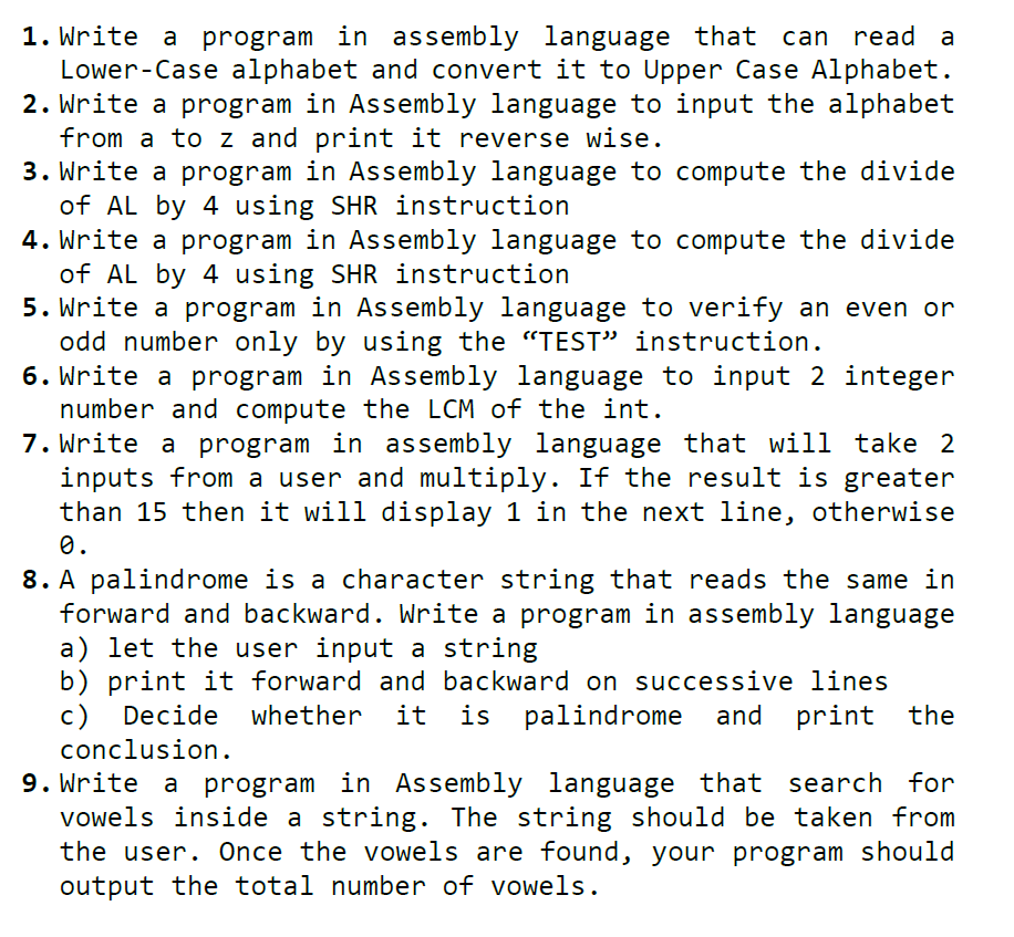 Solved 1. Write a program in assembly program in assembly | Chegg.com