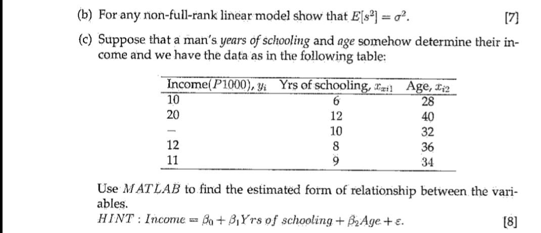 Solved (b) For any non-full-rank linear model show that | Chegg.com
