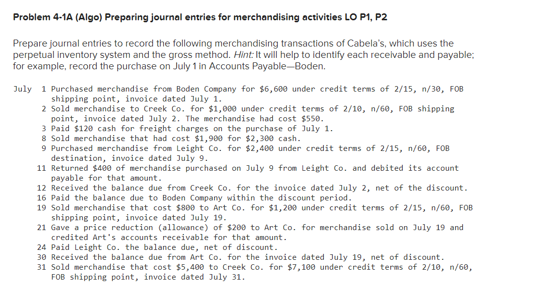 Solved Problem 4-1A (Algo) Preparing journal entries for | Chegg.com