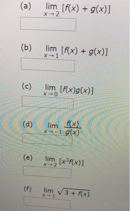 Solved fa y gx) 0 lim [f(x) + g(X (b) im trx) -9()1 (c) im | Chegg.com