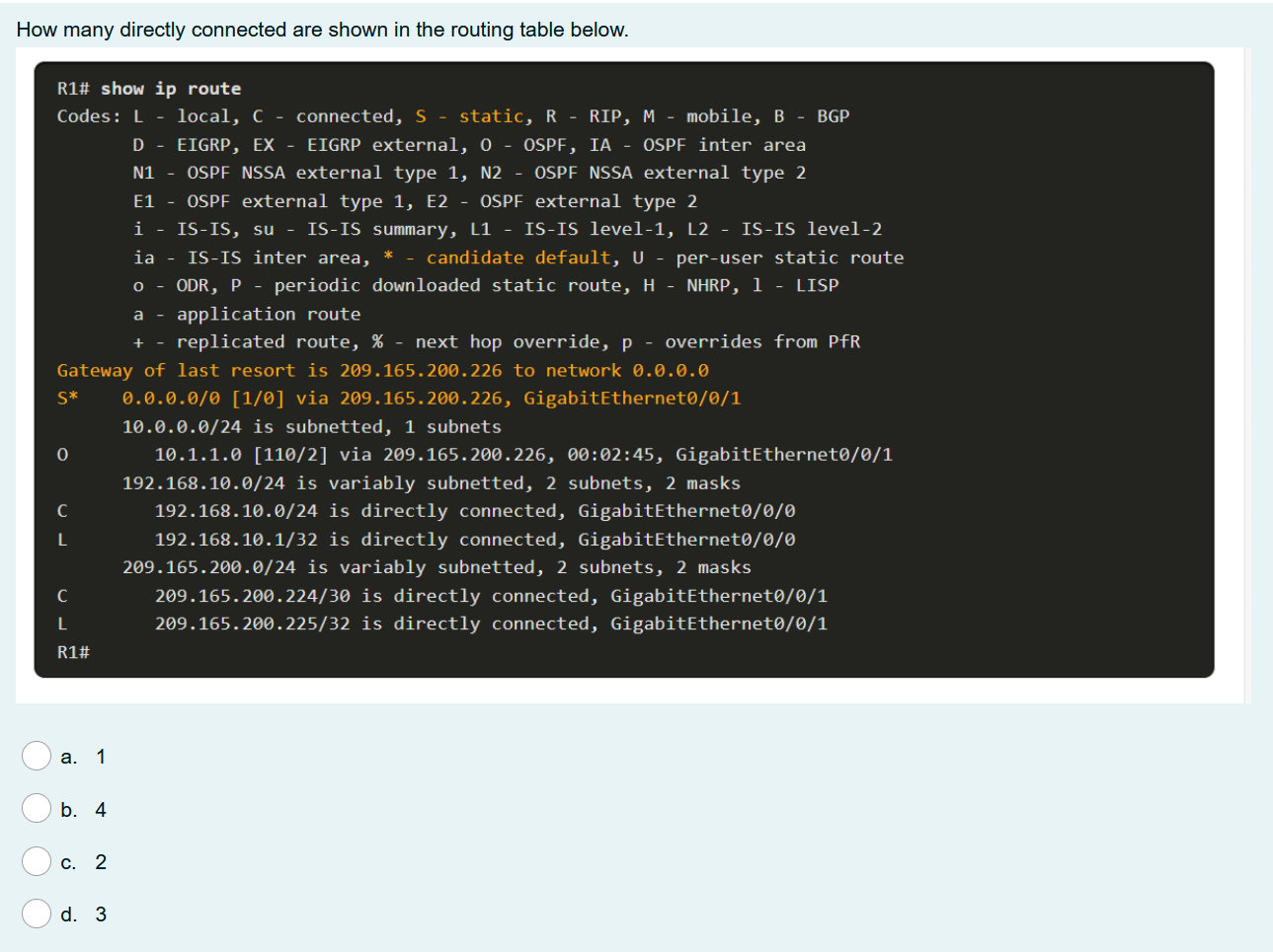 Solved R1# show ip route Codes: L - local, C - connected, S | Chegg.com