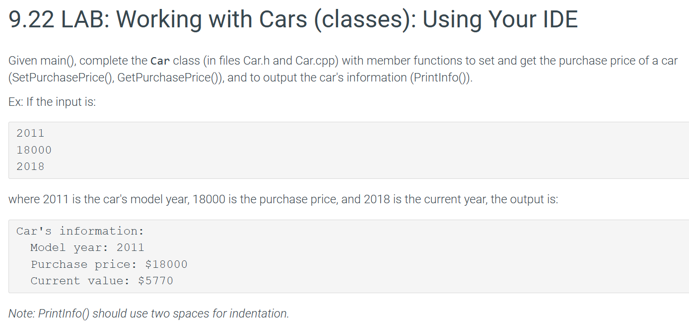 Solved 9.22 LAB: Working with Cars (classes): Using Your IDE | Chegg.com