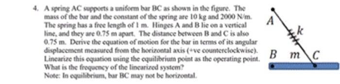 Solved 4. A spring AC supports a uniform bar BC as shown in | Chegg.com