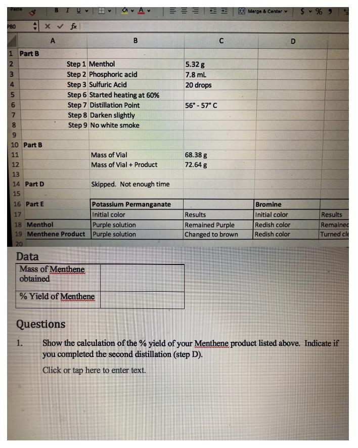 Solved Dehydration of Menthol Lab Show the percent yield | Chegg.com