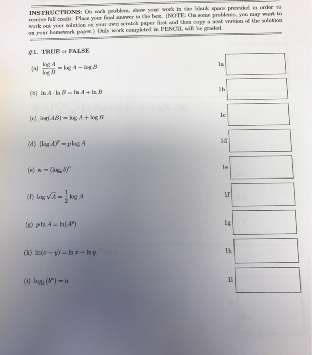 Solved TRUE or FALSE (a) log A/log B = log A - log B (b) | Chegg.com