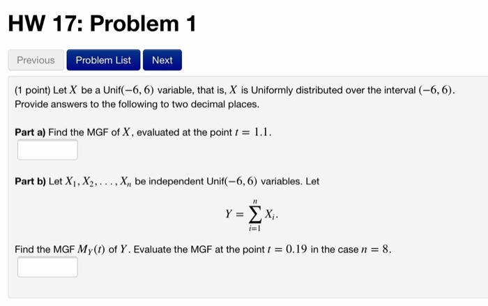 Solved HW 17: Problem 1 Problem List Next Previous (1 point) | Chegg.com