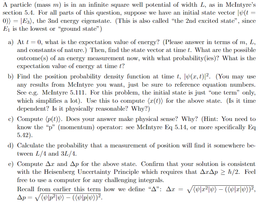 Solved A particle (mass m ) is in an infinite square well | Chegg.com