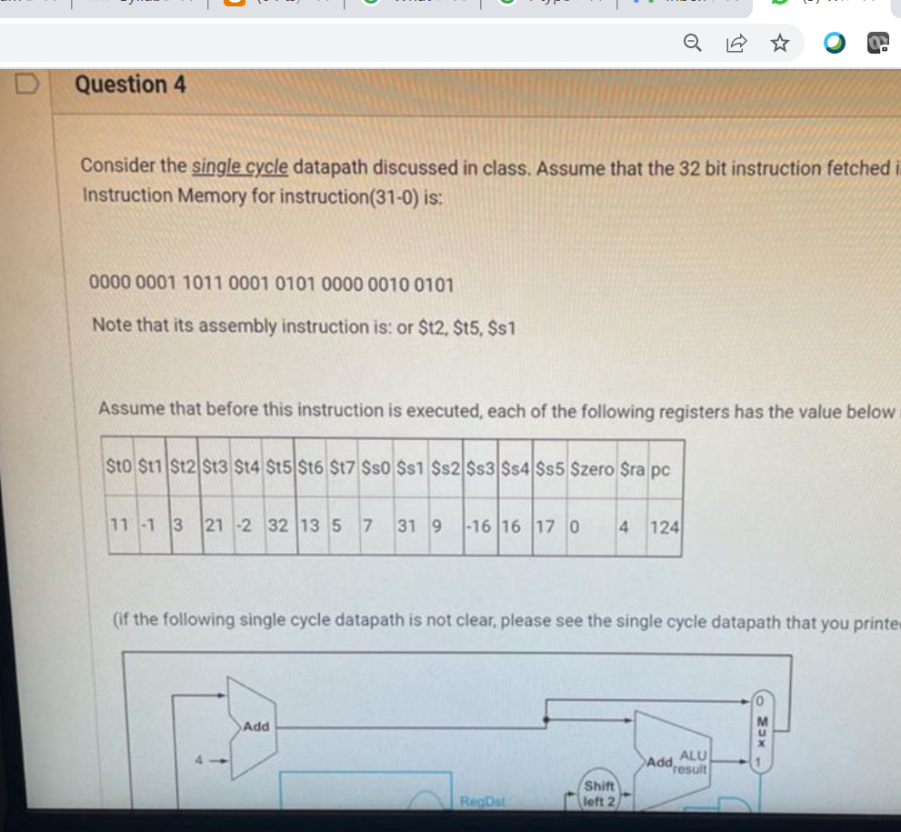 Solved Question 4 Consider the single cycle datapath | Chegg.com