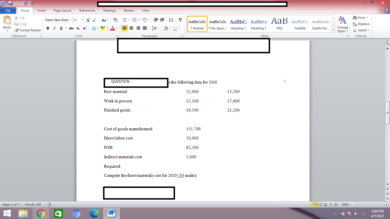 Solved W File Home Insert Page Layout References Mailings | Chegg.com