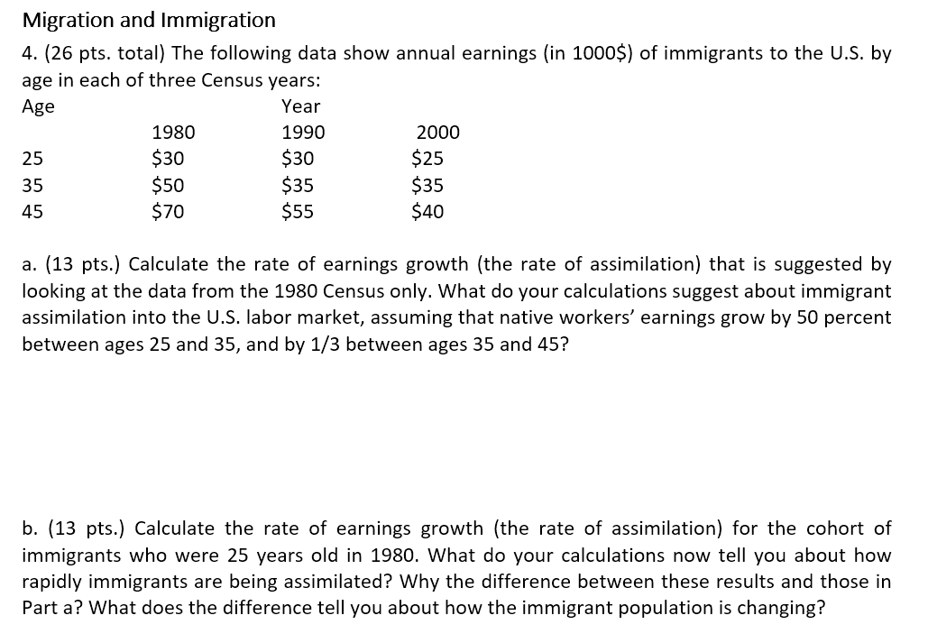 Solved Migration and Immigration 4. (26 pts. total) The | Chegg.com