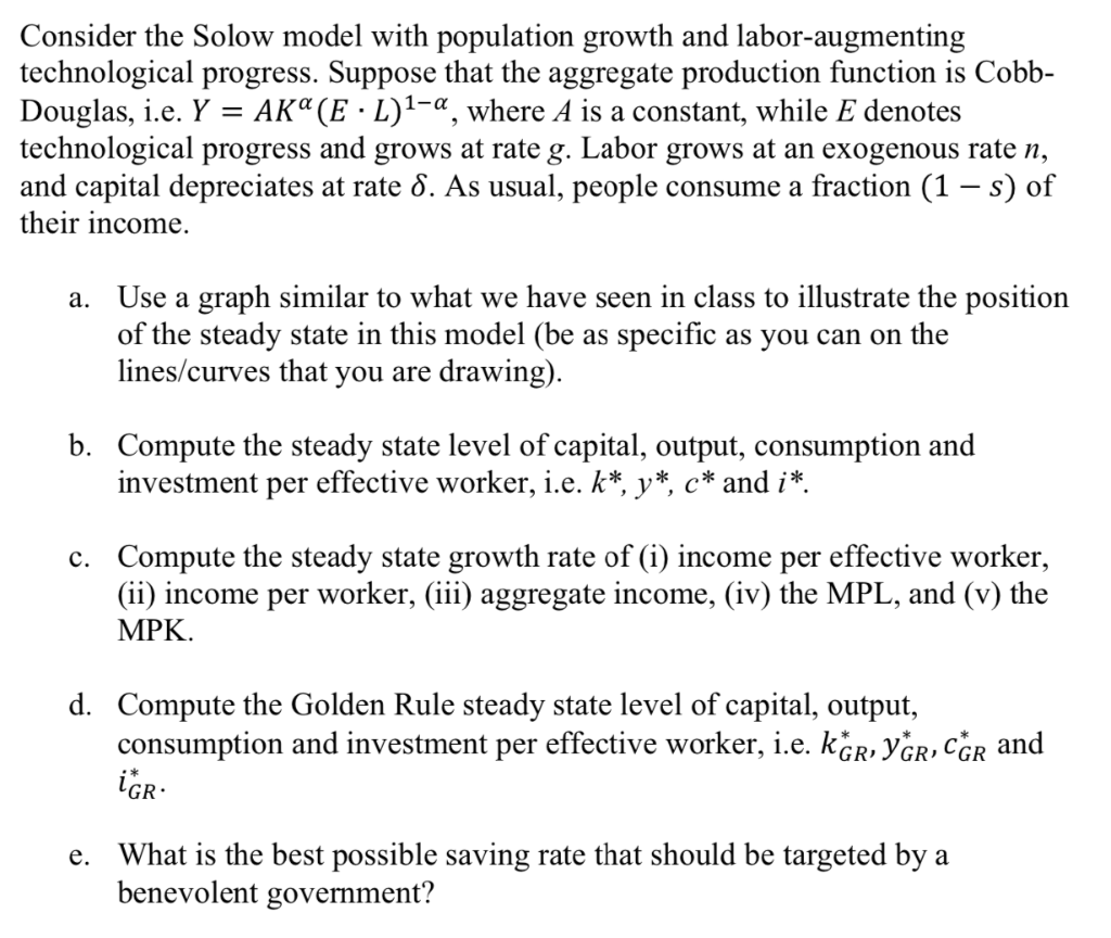 Consider the Solow model with population growth and | Chegg.com