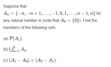 Solved Suppose that An = {-n,-n +1,...,-1,0,1,...,n-1, n} | Chegg.com
