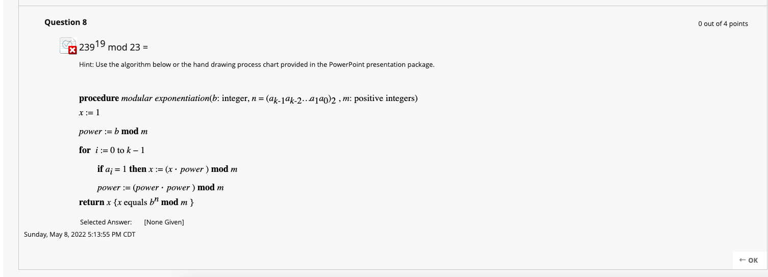 Solved How do I compute 239^19 mod 23, by hand, calculators | Chegg.com