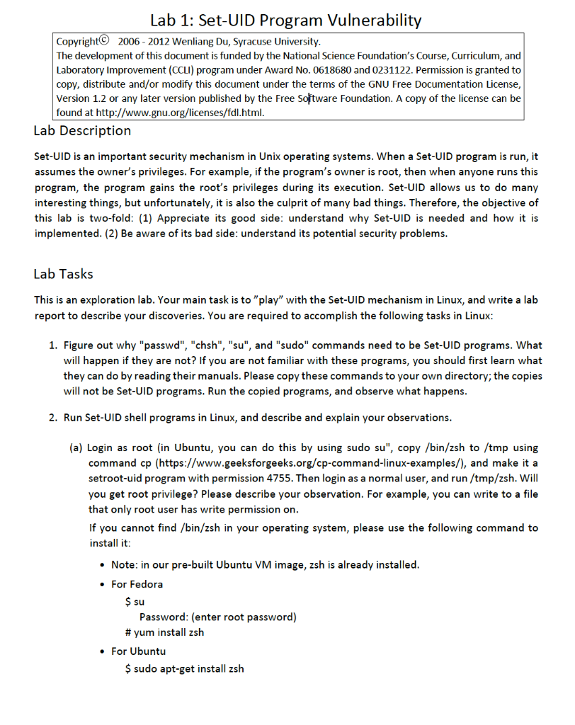 Lab 1: Set-UID Program Vulnerability Copyright© | Chegg.com