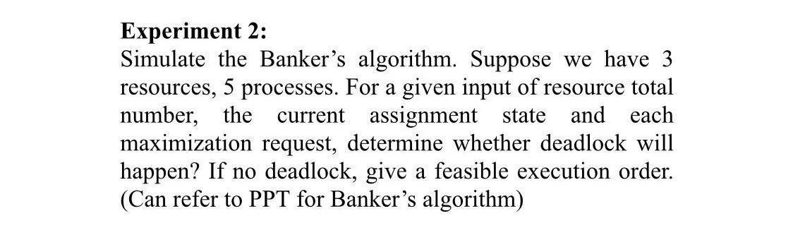 Solved Experiment 2: Simulate the Banker's algorithm. | Chegg.com