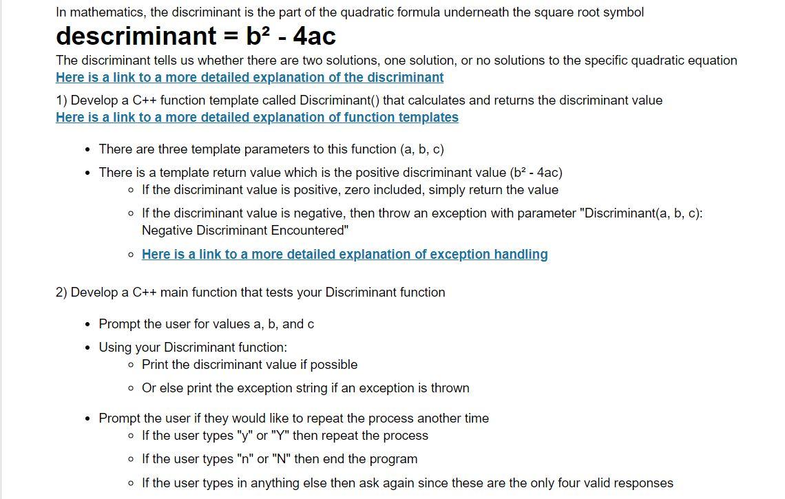 Solved - In mathematics, the discriminant is the part of the | Chegg.com