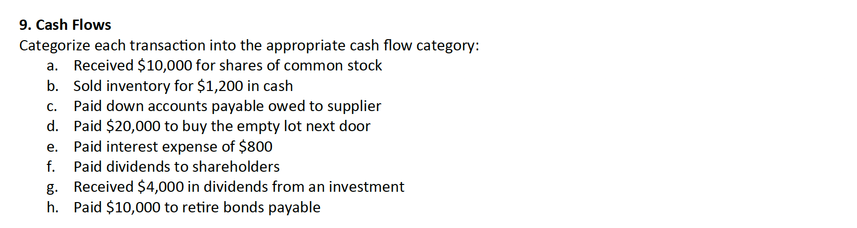 Solved 9. Cash Flows Categorize each transaction into the | Chegg.com