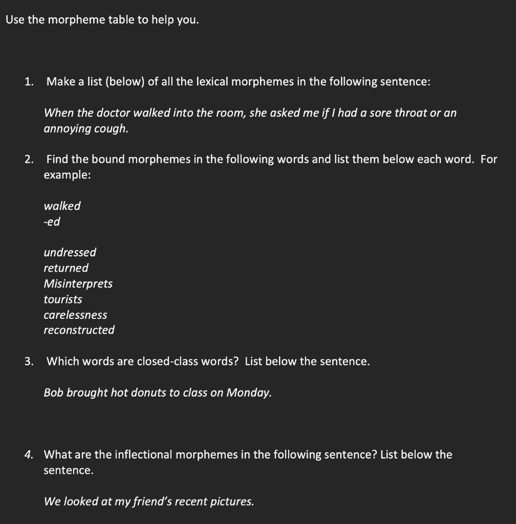 Use the morpheme table to help you. 1. Make a list | Chegg.com