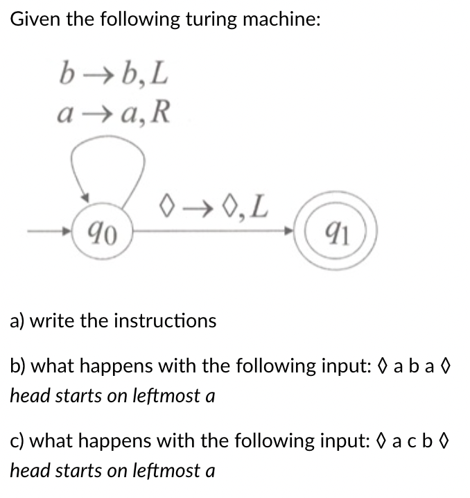 Solved Given the following turing machine: b→ b, a →a, R 0 → | Chegg.com