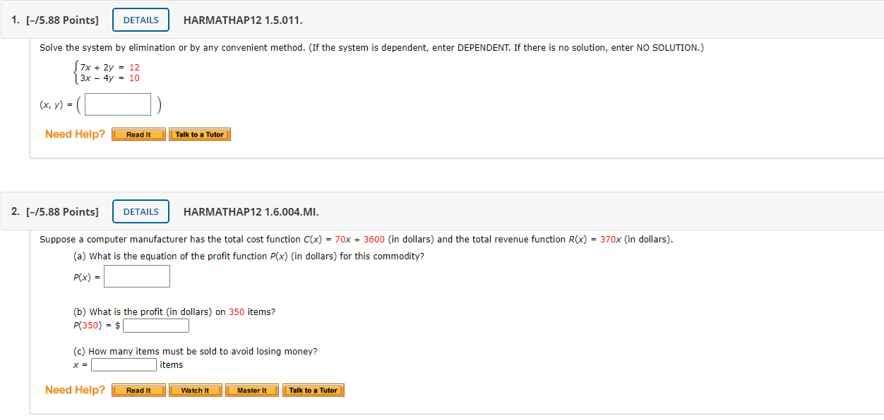 Solved 1. [-75.88 Points] DETAILS HARMATHAP12 1.5.011. Solve | Chegg.com