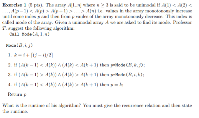 Solved Exercise 1 (5 pts). The array A[1..n) where n > 3 is | Chegg.com