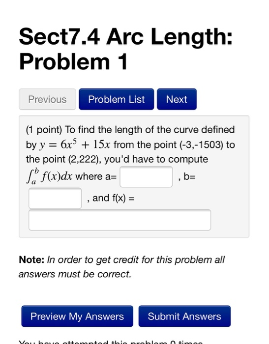 Solved Sect7.4 Arc Length: Problem 1 Previous Problem List | Chegg.com