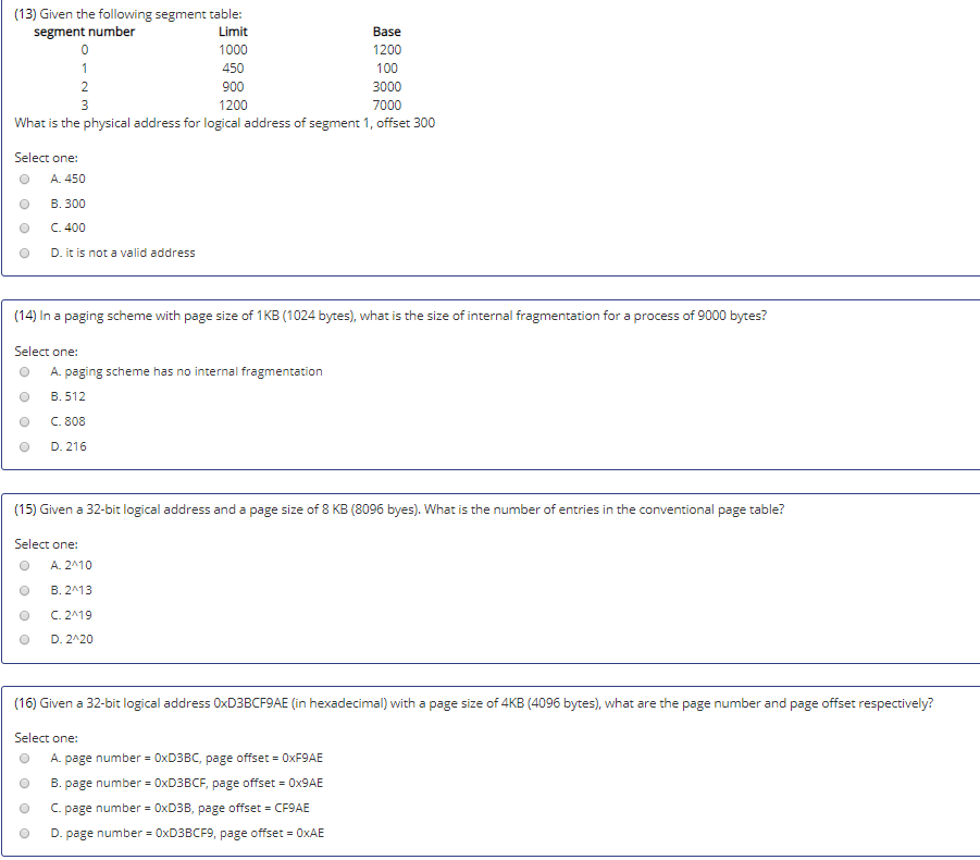 Solved (13) Given the following segment table Base 1200 100 | Chegg.com