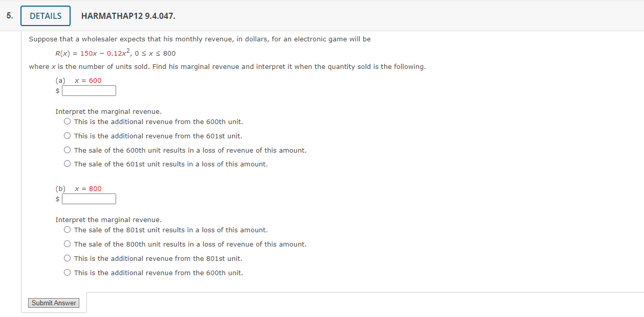 Solved R(x)=150x−0.12x2,0≤x≤800 x is the number of units | Chegg.com