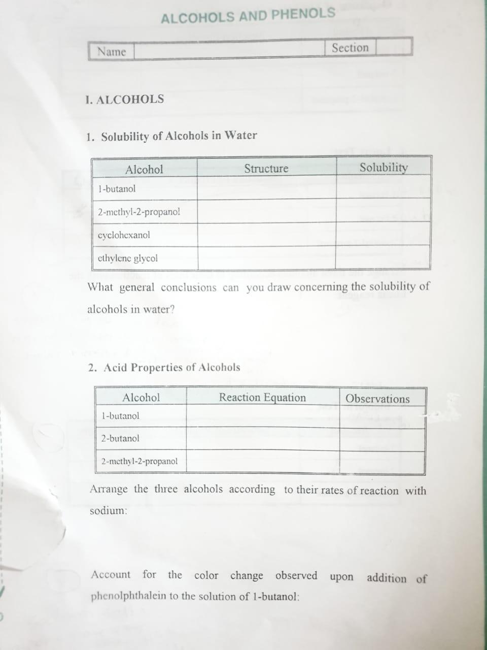 Solved ALCOHOLS AND PHENOLS Name Section I. ALCOHOLS 1. | Chegg.com