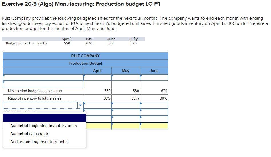 Solved Exercise 20-3 (Algo) Manufacturing: Production budget | Chegg.com