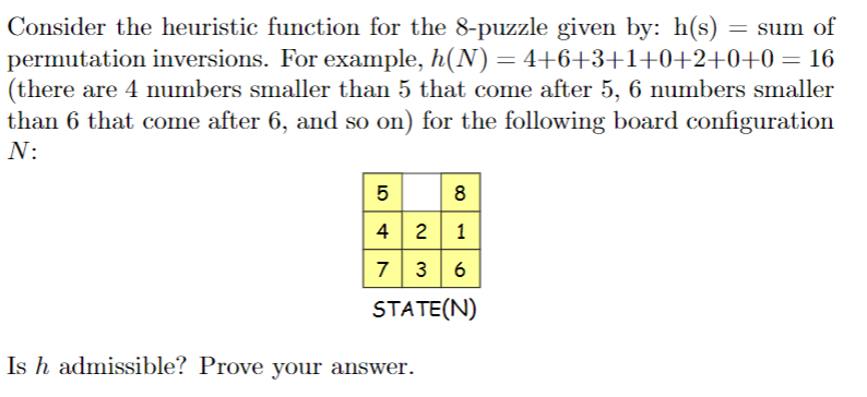Consider the heuristic function for the 8-puzzle | Chegg.com