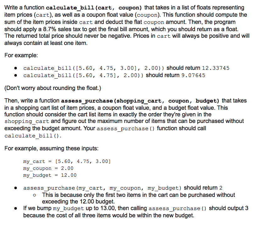 Solved Write a function calculate_bill (cart, coupon) that | Chegg.com
