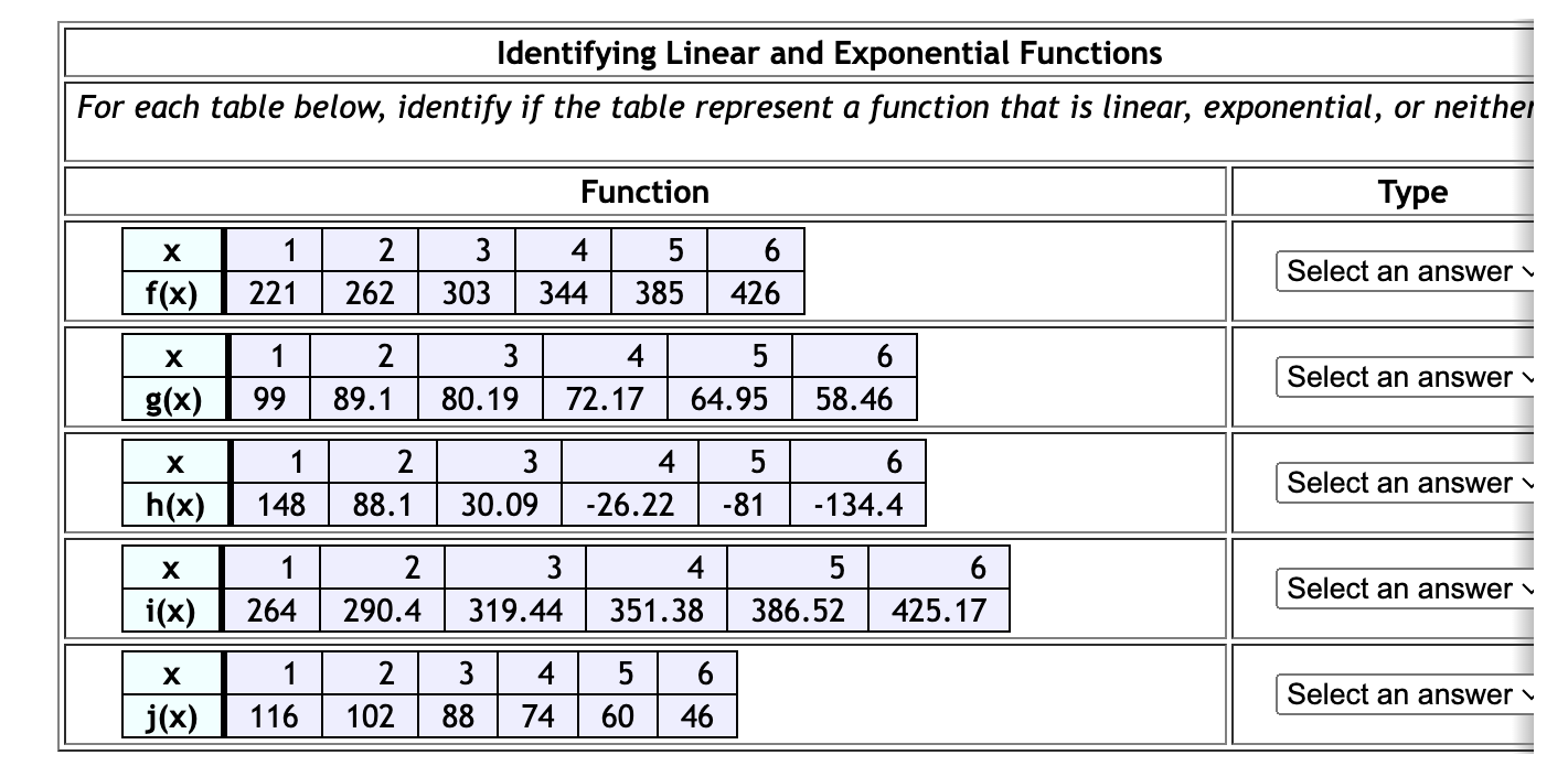 Solved select an answer either linear or exponential | Chegg.com