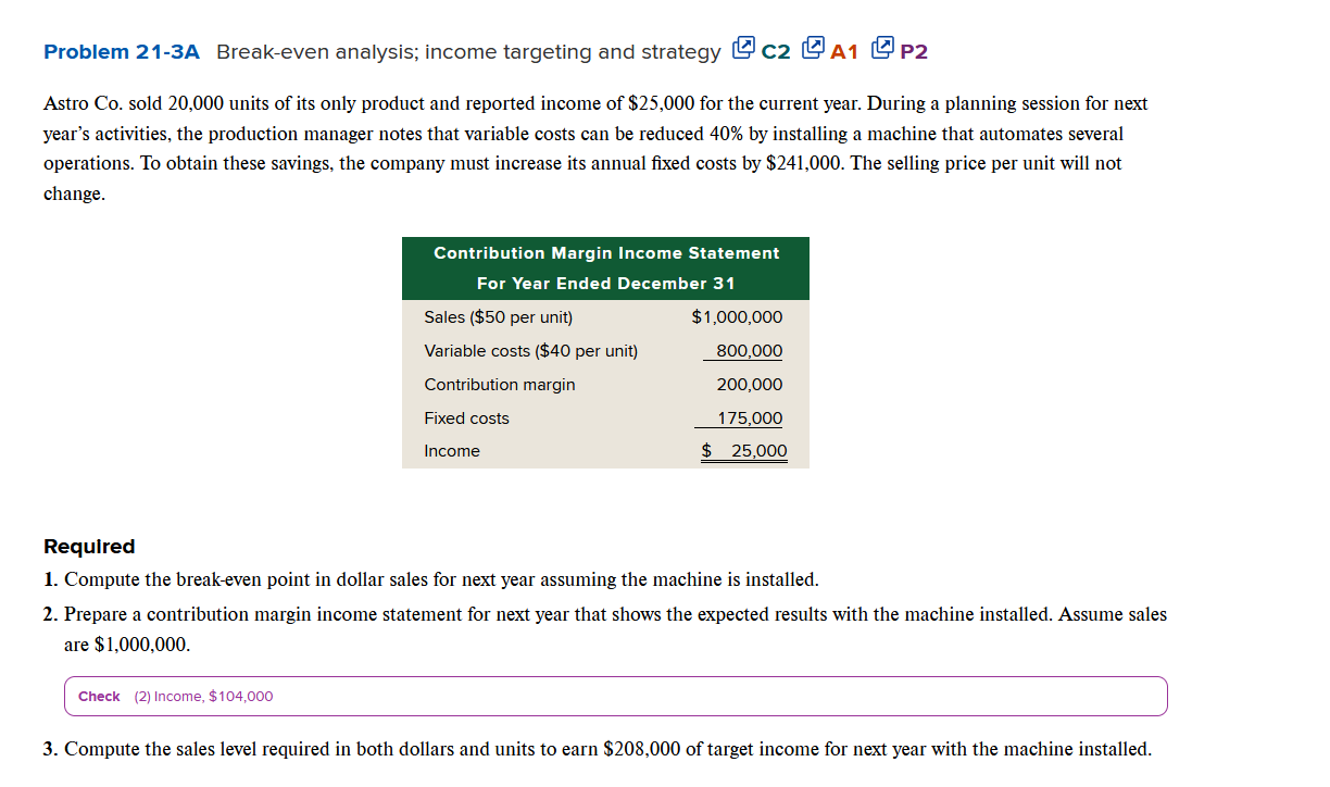 Solved Problem 21-3A Break-even analysis; income targeting | Chegg.com
