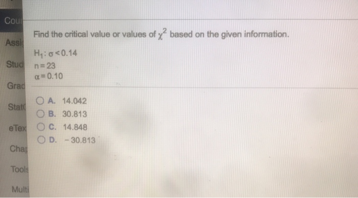Solved Cou Find the critical value or values of χ2 based on | Chegg.com