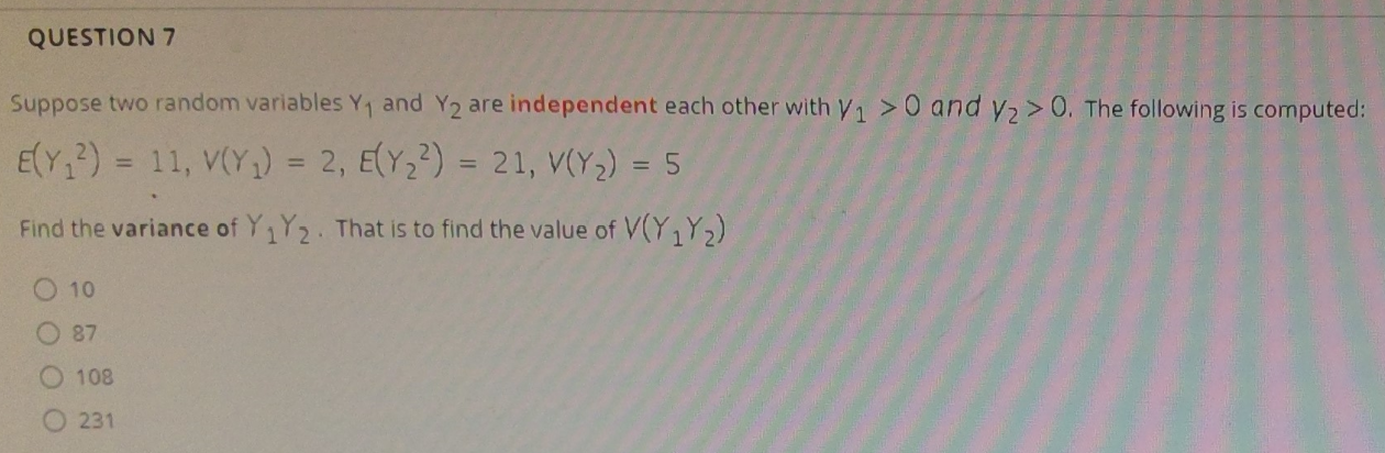 Solved QUESTION 7 Suppose two random variables Y1 and Y2 are | Chegg.com