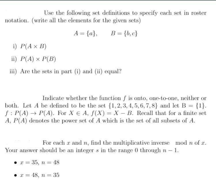 Solved Use the following set definitions to specify each set | Chegg.com