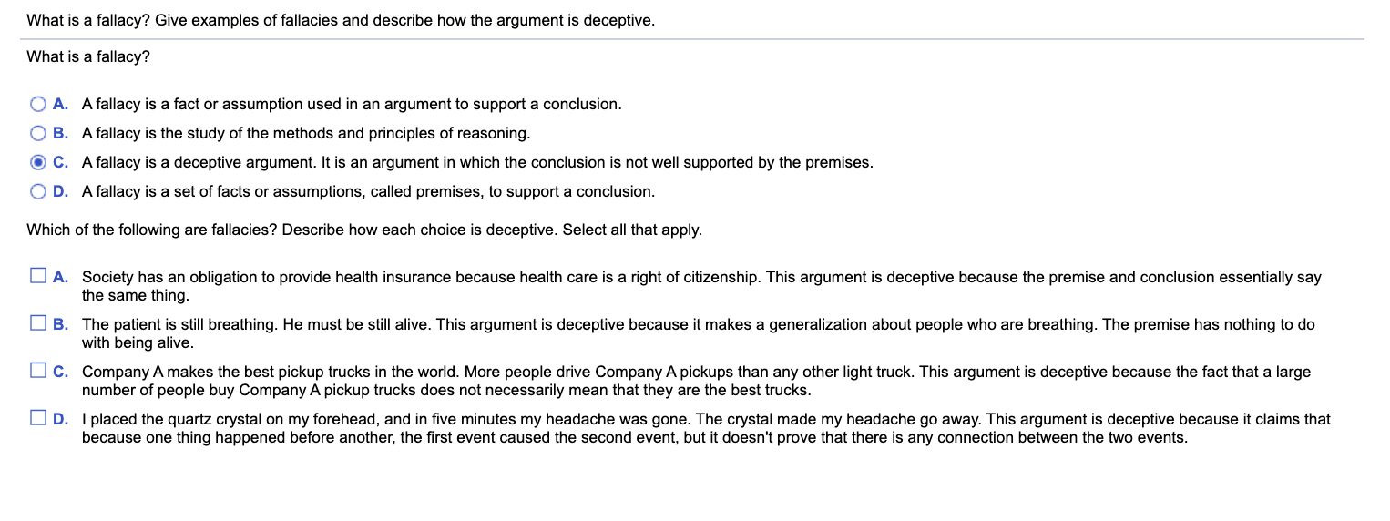 Solved What is a fallacy? Give examples of fallacies and | Chegg.com
