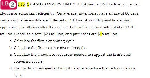 Solved LG P15-1 CASH CONVERSION CYCLE American Products is | Chegg.com