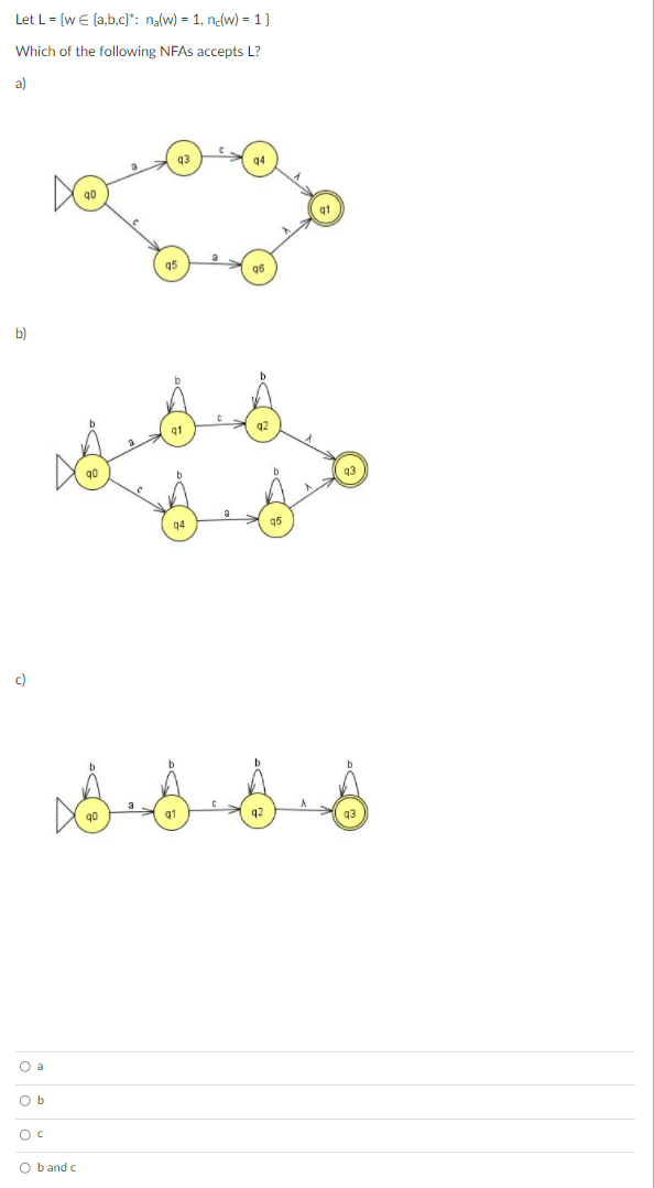 Solved Let L = {WE {a,b,c)": nalw) = 1, ndlw) = 1) Which of | Chegg.com