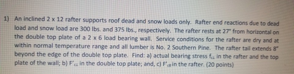 Solved 1) An inclined 2 x 12 rafter supports roof dead and | Chegg.com