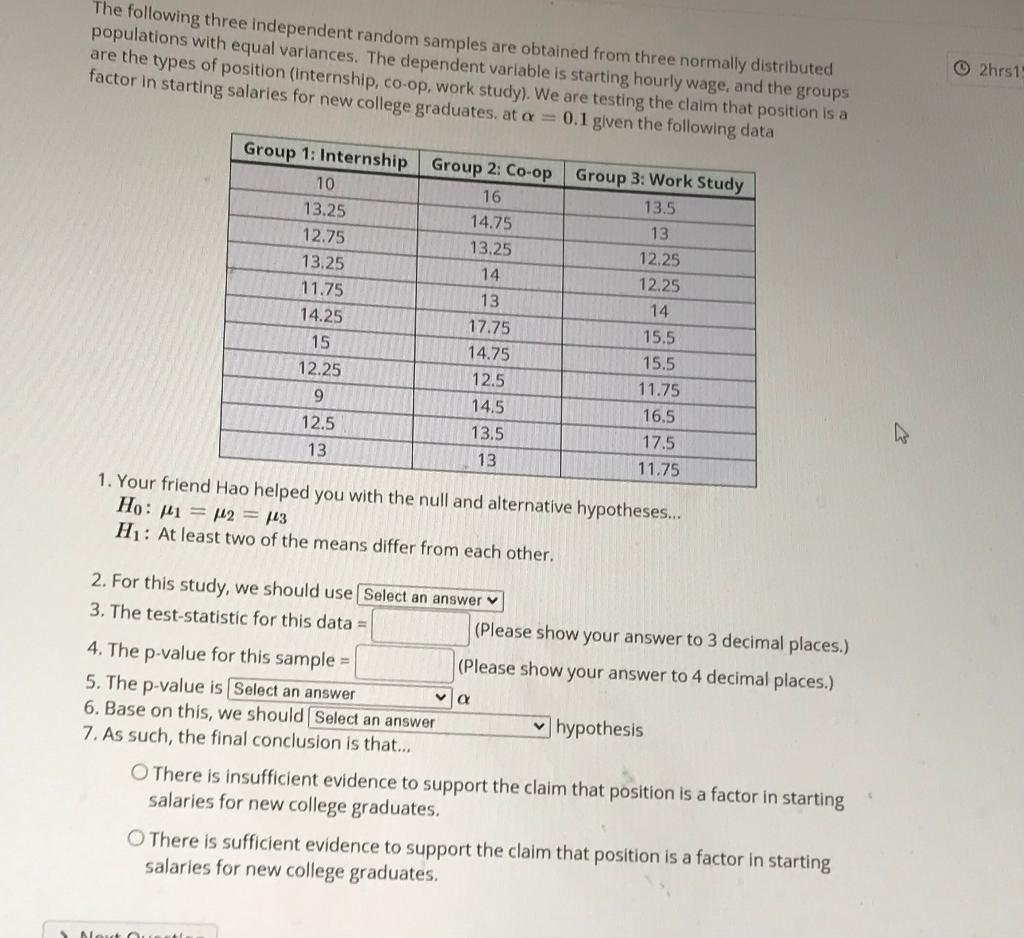 Solved The following three independent random samples are | Chegg.com