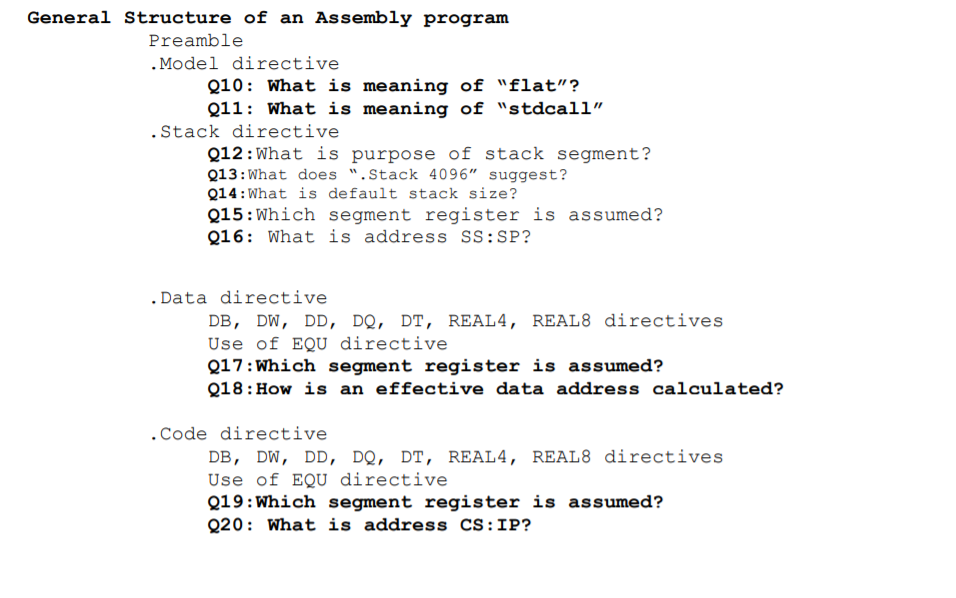 General structure of an Assembly program Preamble | Chegg.com