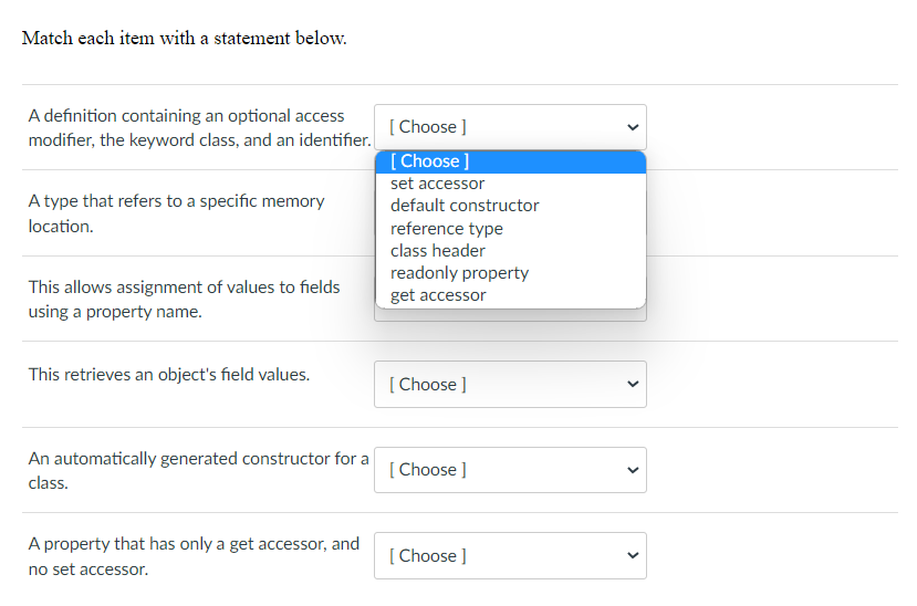 Match each item with a statement below. A definition | Chegg.com