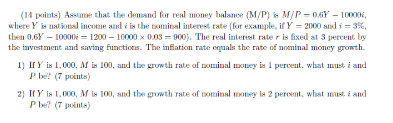 Solved (14 points) Assume that the demand for real money | Chegg.com