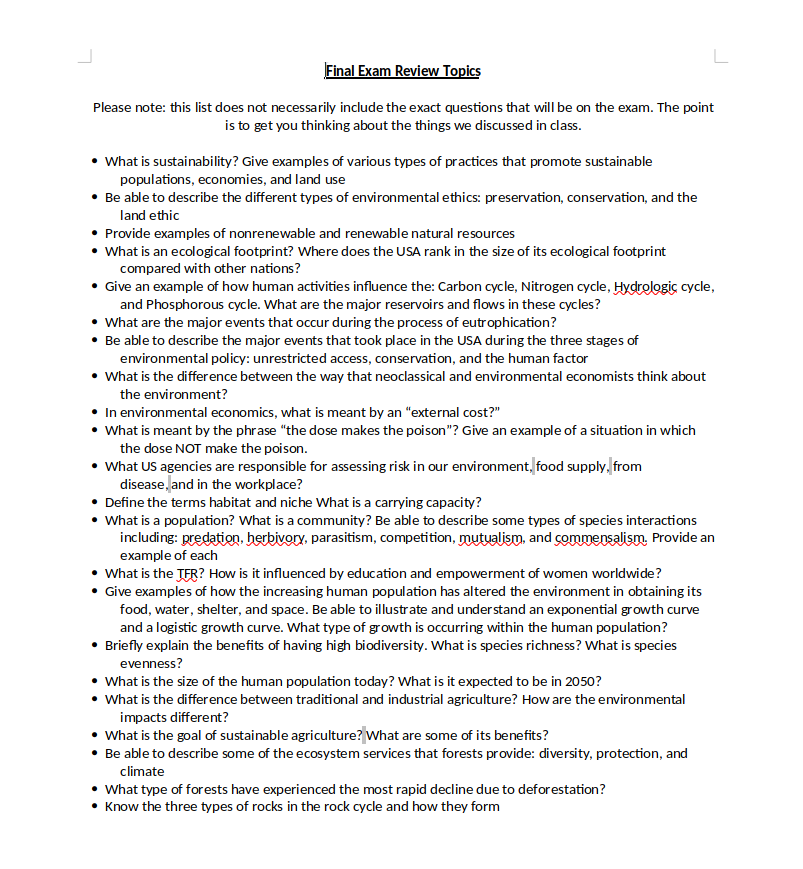 Solved Final Exam Review Topics Please note: this list does | Chegg.com