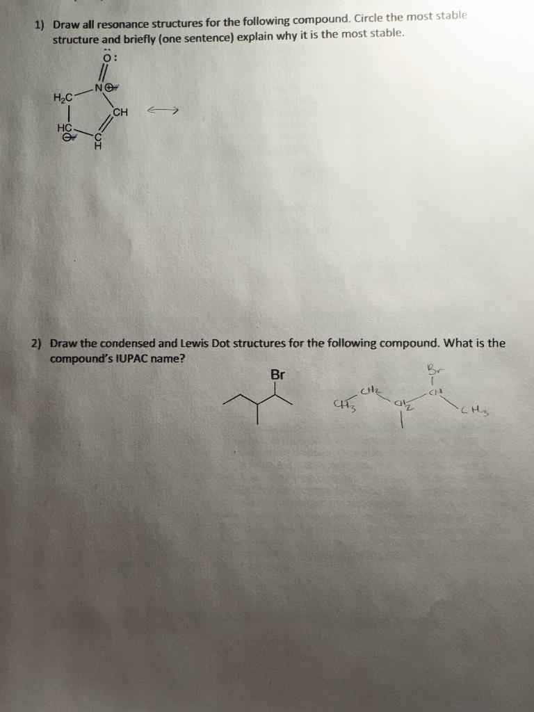 Solved 1) Draw all resonance structures for the following | Chegg.com