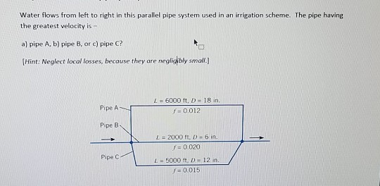 Solved Water flows from left to right in this parallel pipe | Chegg.com