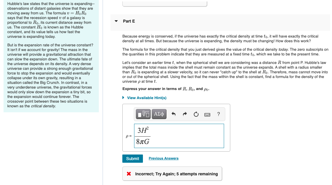 Solved Part E Hubble's law states that the universe is | Chegg.com