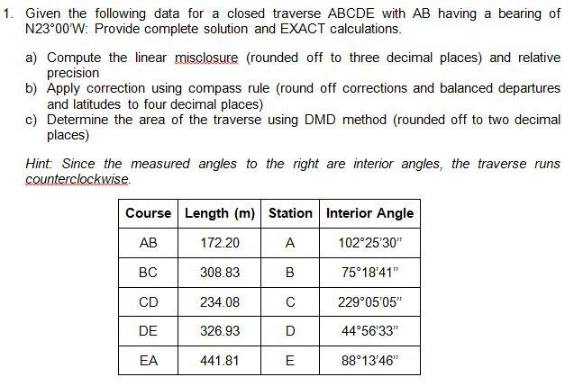 Solved 1. Given the following data for a closed traverse | Chegg.com